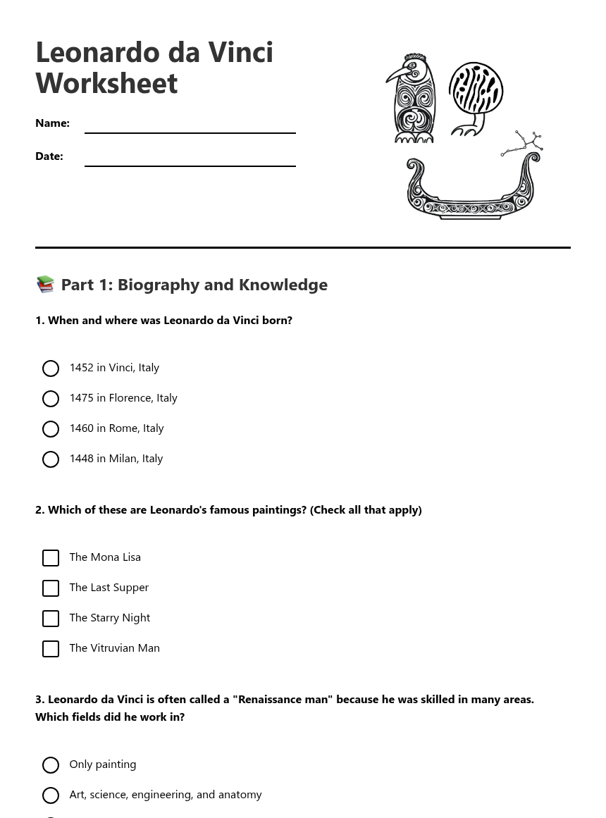 Leonardo da Vinci Worksheet — Free Printable Worksheet for English ...