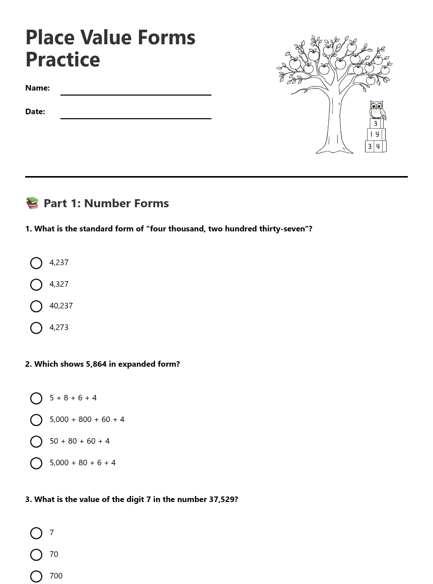 Place Value Forms Practice — Free Printable Worksheet for Mathematics ...