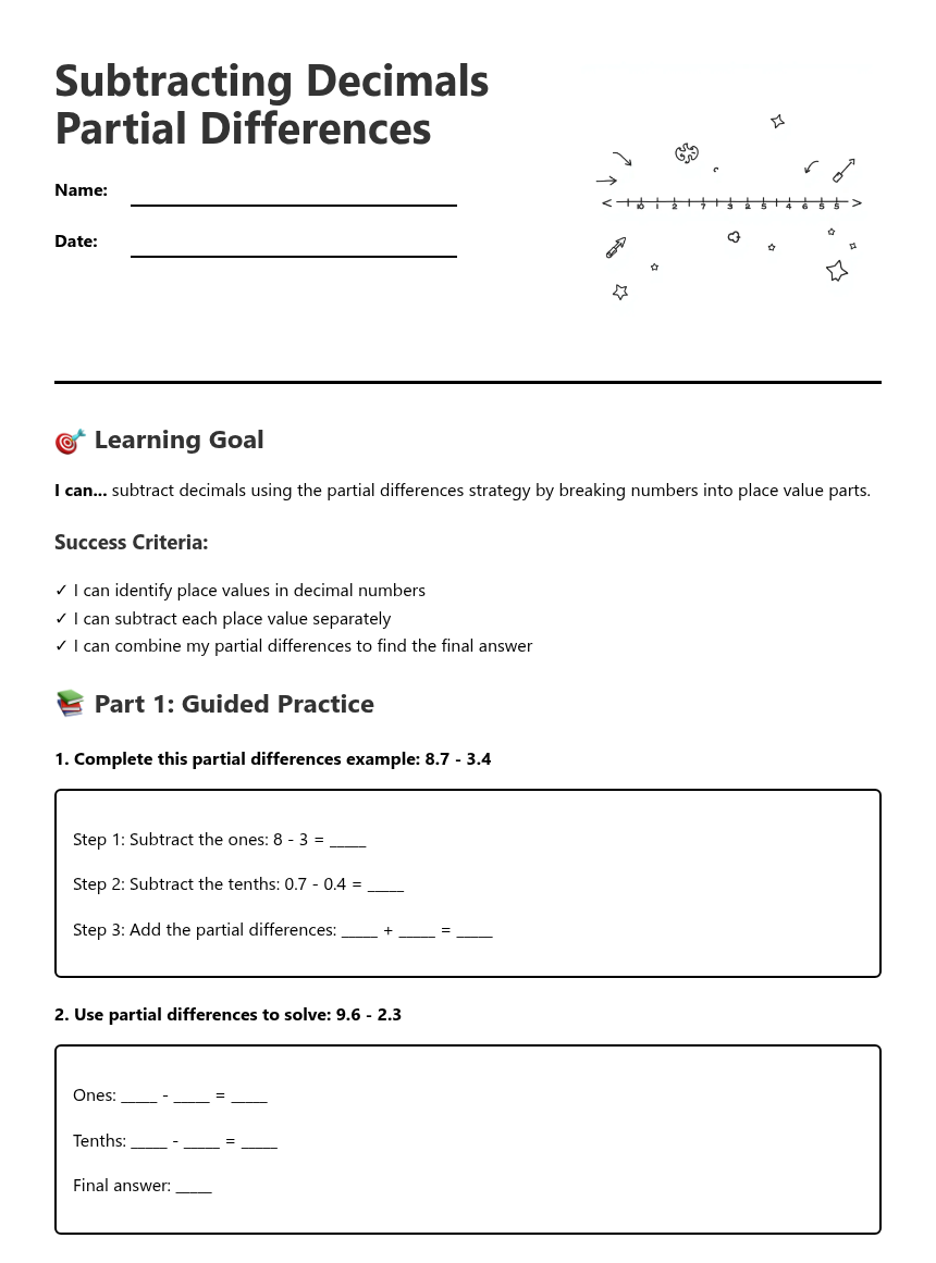 Subtracting Decimals Partial Differences — Free Printable Worksheet for ...