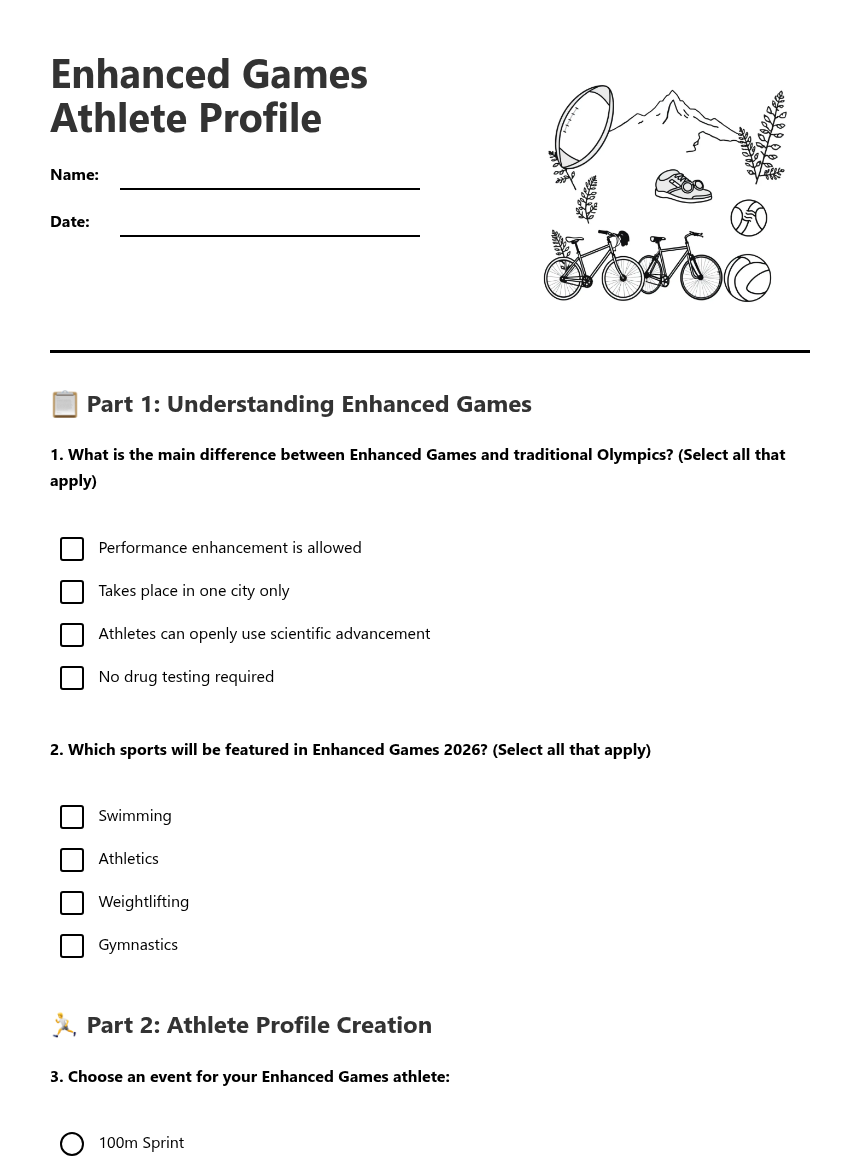 Enhanced Games Athlete Profile — Free Printable Worksheet for PE | Kuraplan