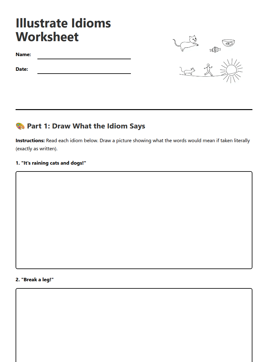Illustrate Idioms Worksheet — Free Printable Worksheet for English (ELA ...