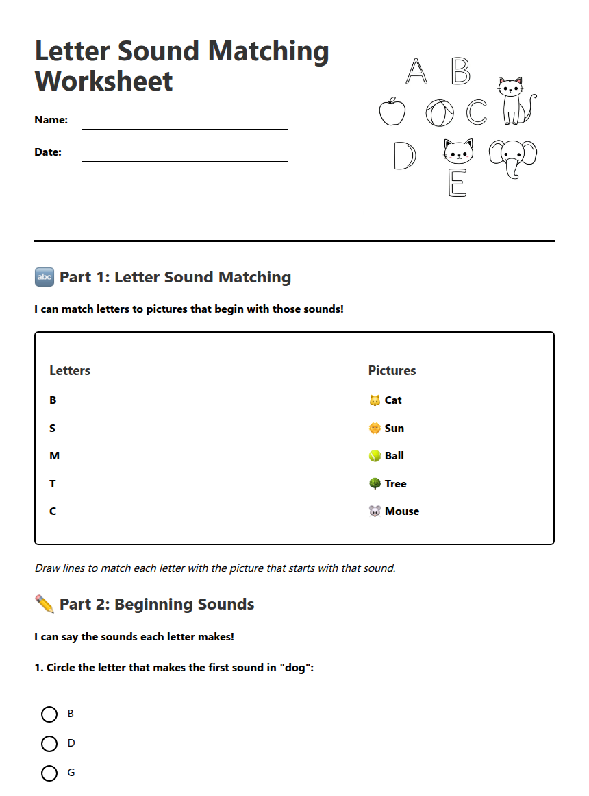 Letter Sound Matching Worksheet — Free Printable Worksheet for English ...