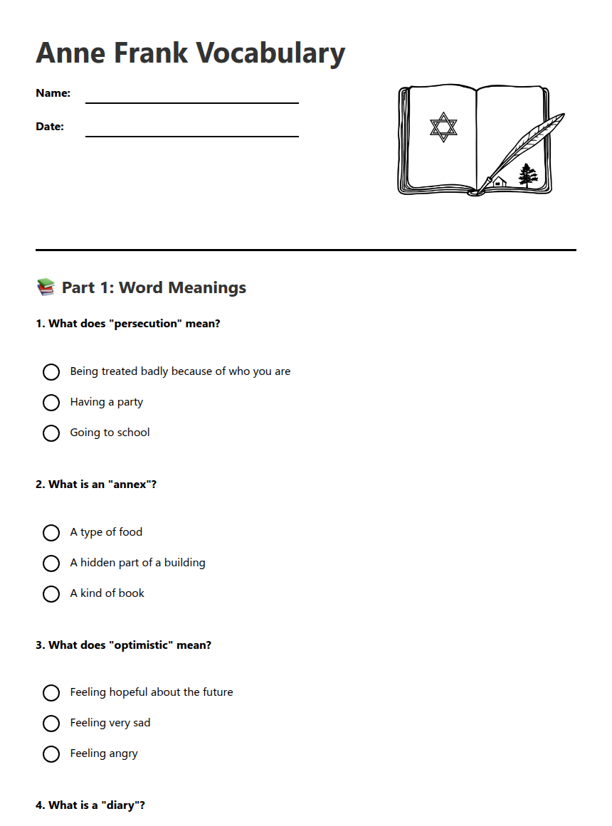 Anne Frank Vocabulary — Free Printable Worksheet for English (ELA ...
