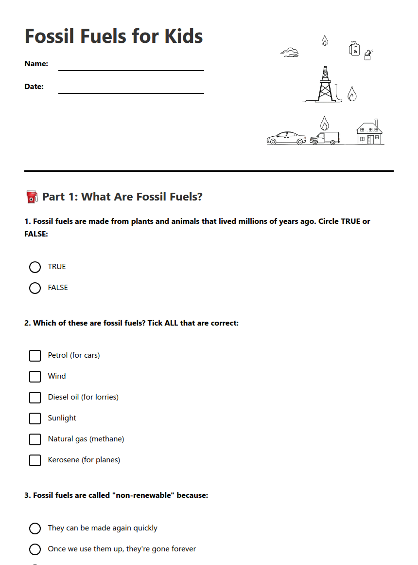Fossil Fuels for Kids — Free Printable Worksheet for Science | Kuraplan