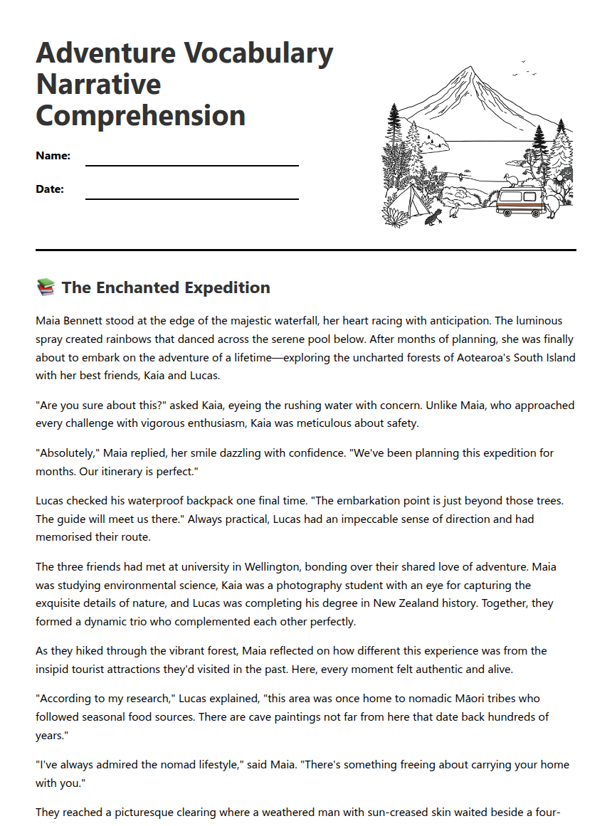 Adventure Vocabulary Narrative Comprehension — Free Printable Worksheet ...
