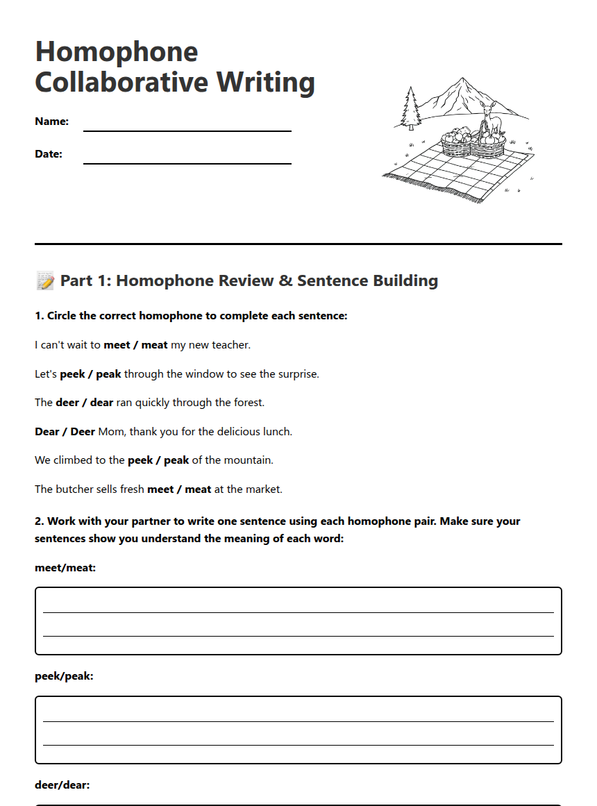 Homophone Collaborative Writing — Free Printable Worksheet for English ...