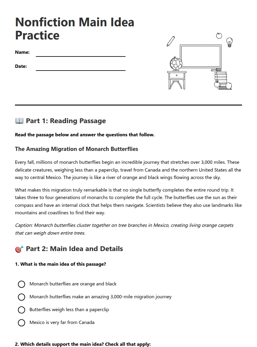 Nonfiction Main Idea Practice — Free Printable Worksheet for English ...