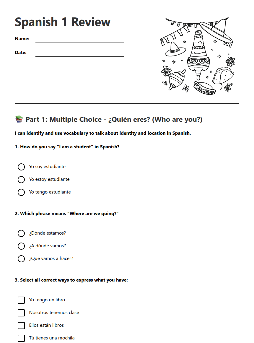 Spanish 1 Review — Free Printable Worksheet for Languages | Kuraplan