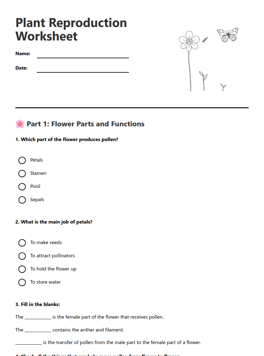Plant Reproduction Worksheet — Free Printable Worksheet for Science ...