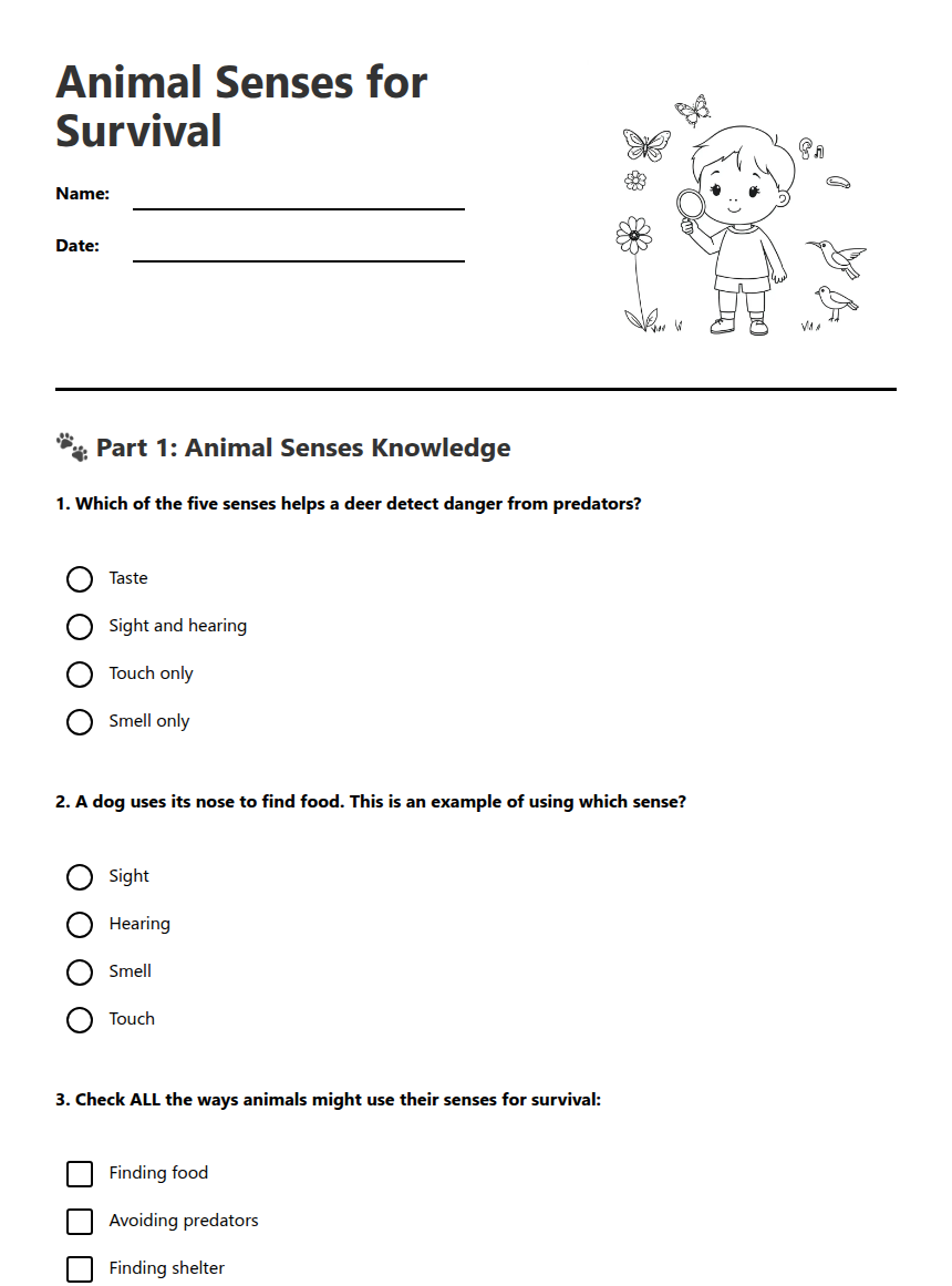 Animal Senses for Survival — Free Printable Worksheet for Science ...