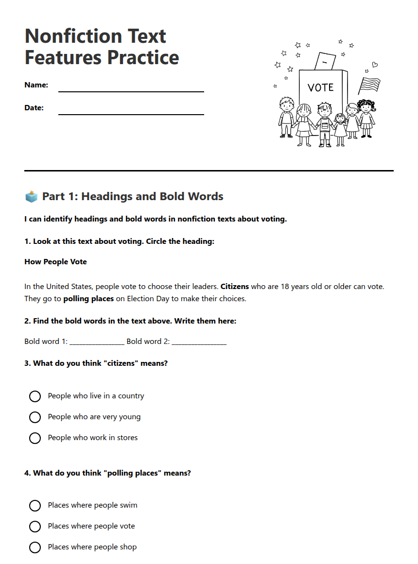 Nonfiction Text Features Practice — Free Printable Worksheet for ...