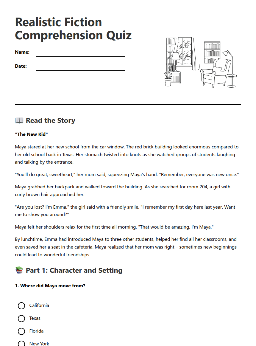 Realistic Fiction Comprehension Quiz — Free Printable Worksheet for ...
