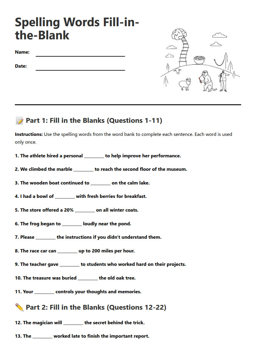 Spelling Words Fill-in-the-Blank — Free Printable Worksheet for English ...