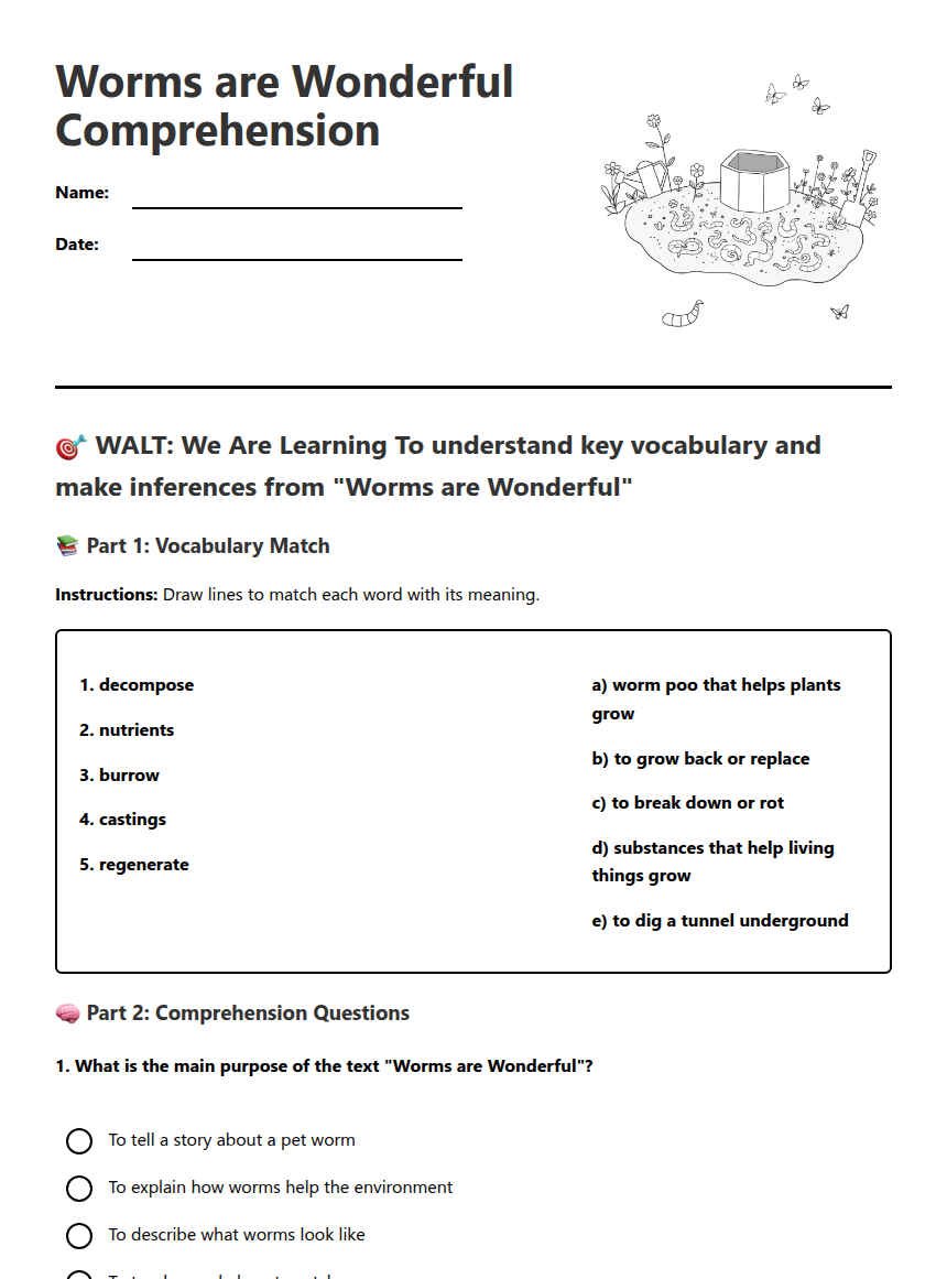 Worms are Wonderful Comprehension — Free Printable Worksheet for ...