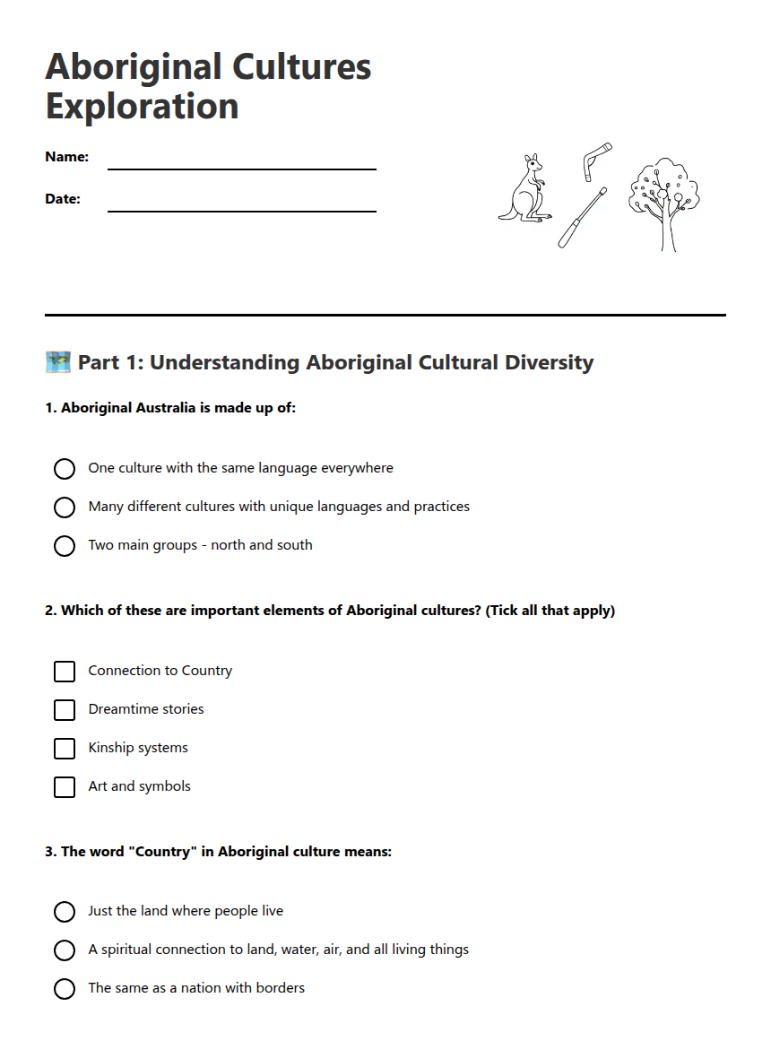 Aboriginal Cultures Exploration — Free Printable Worksheet for AU ...