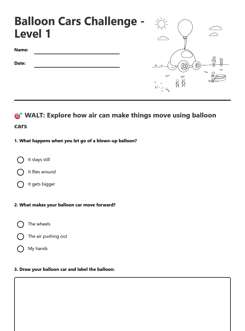 Balloon Cars Challenge Worksheets — Free Printable Worksheet for ...