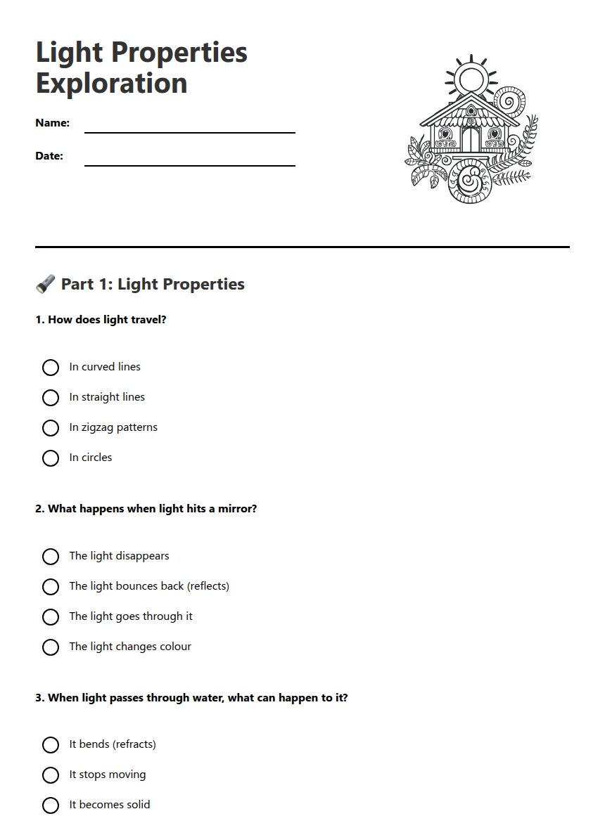Light Properties Exploration — Free Printable Worksheet for Science ...