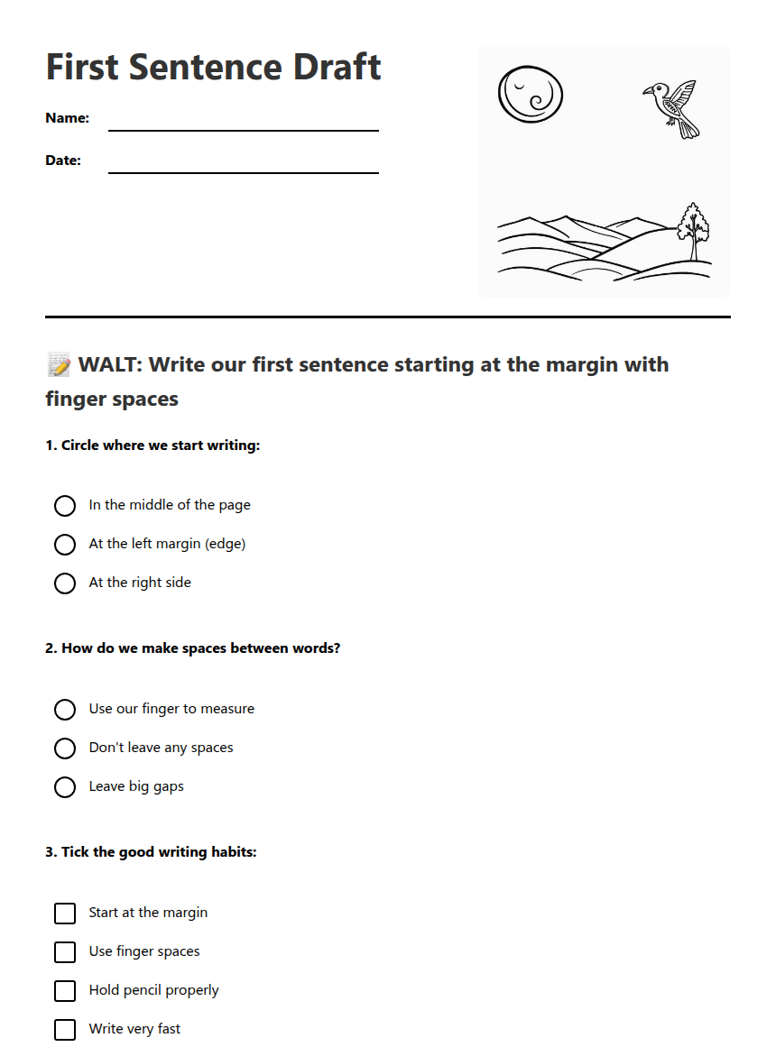 First Sentence Draft — Free Printable Worksheet for English | Kuraplan