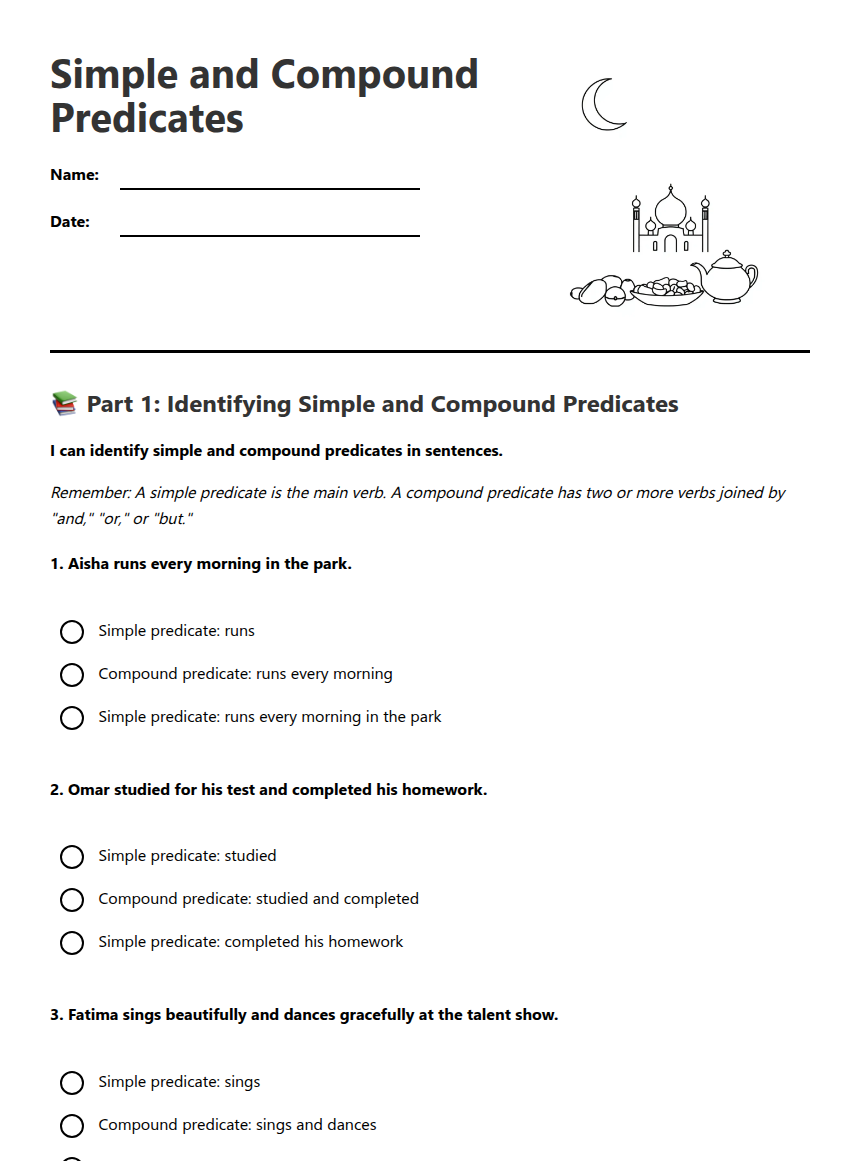 Simple and Compound Predicates — Free Printable Worksheet for English ...