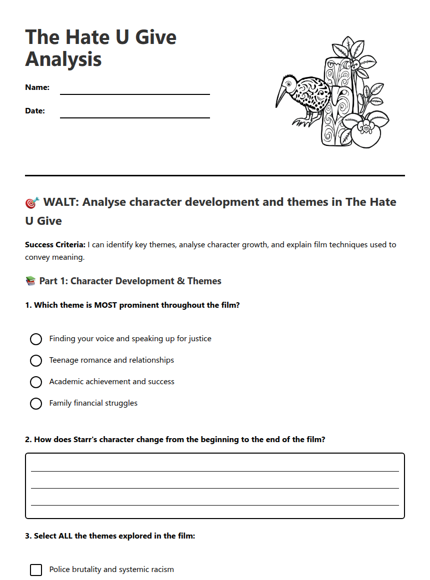 The Hate U Give Analysis — Free Printable Worksheet for English | Kuraplan