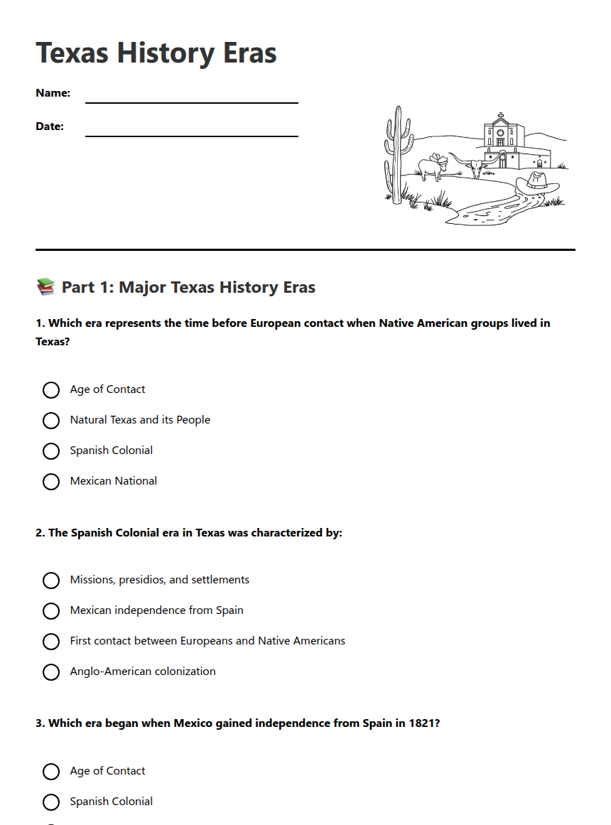 Texas History Eras — Free Printable Worksheet for US History | Kuraplan