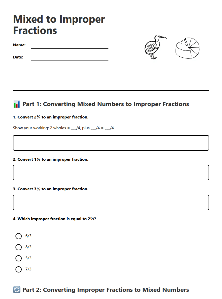 Mixed to Improper Fractions — Free Printable Worksheet for Maths | Kuraplan