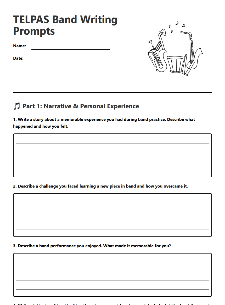 TELPAS Band Writing Prompts — Free Printable Worksheet for English (ELA ...