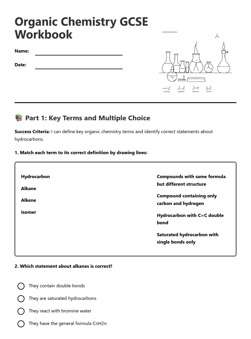 Organic Chemistry GCSE Workbook — Free Printable Worksheet for Science ...