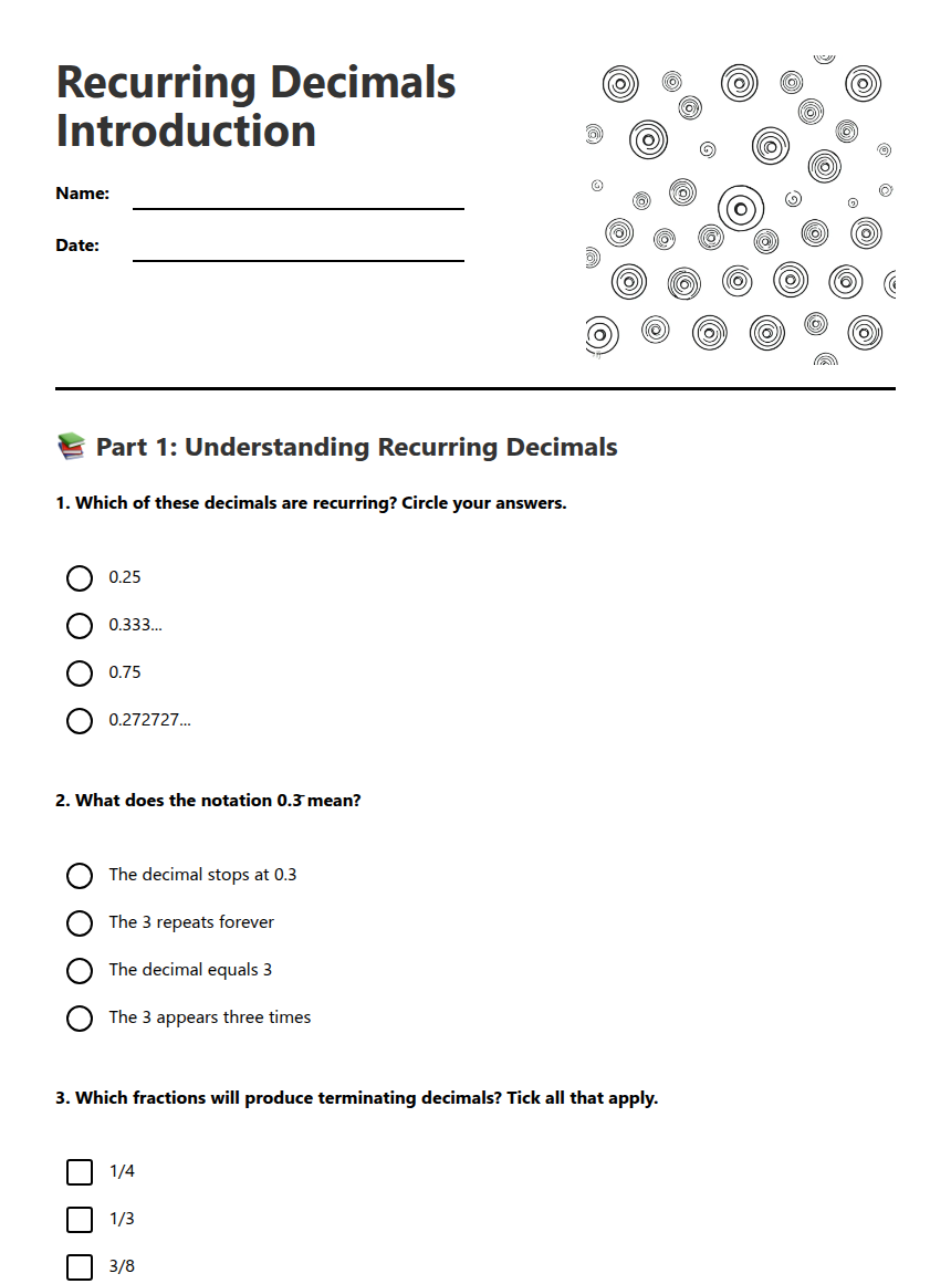 Recurring Decimals Introduction — Free Printable Worksheet for Maths ...