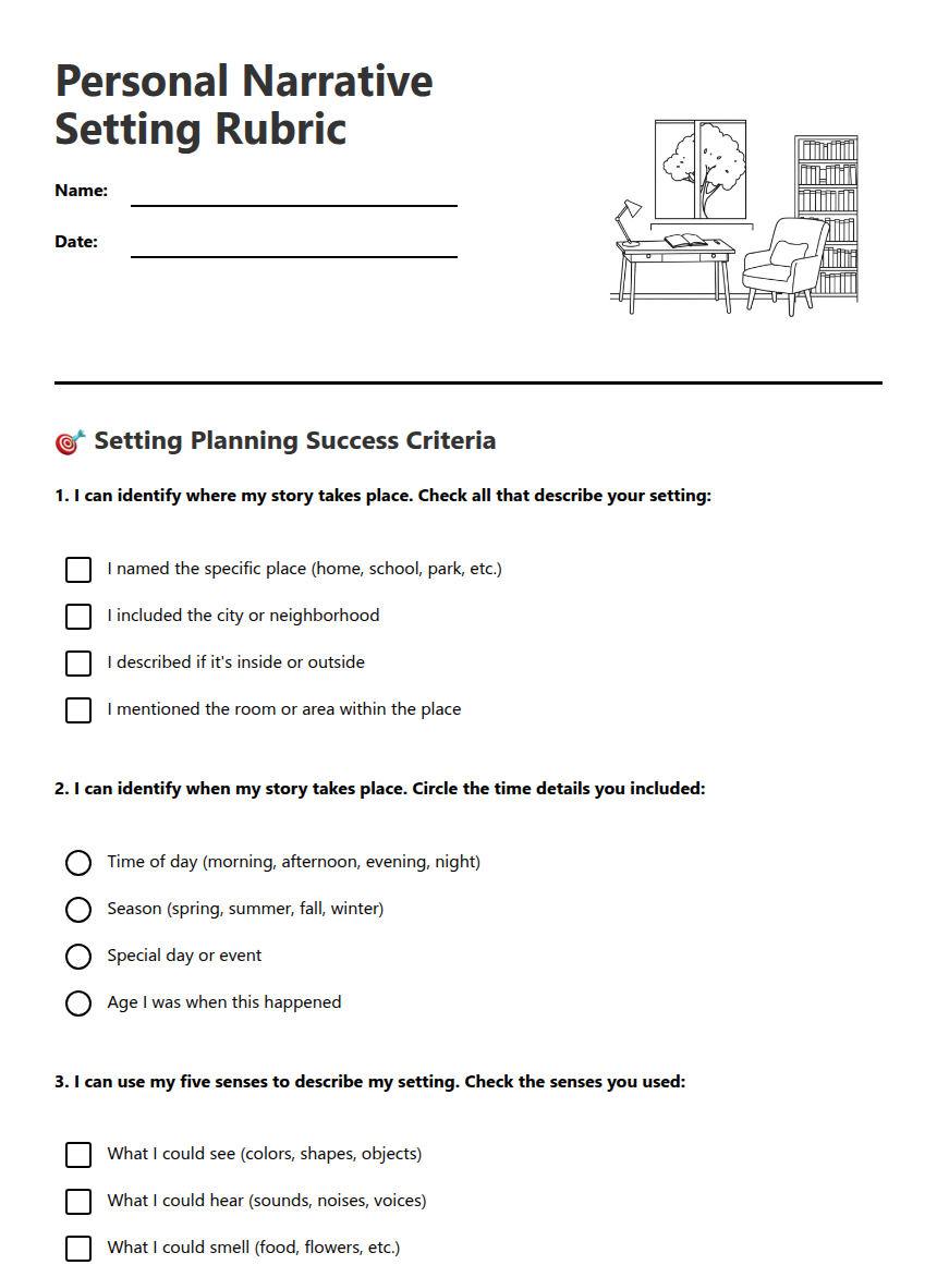 Personal Narrative Setting Rubric — Free Printable Worksheet for ...