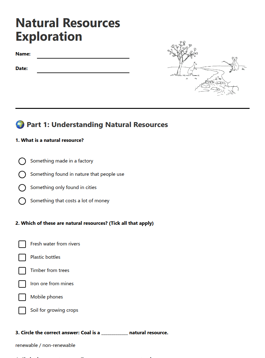 Natural Resources Exploration — Free Printable Worksheet for English ...