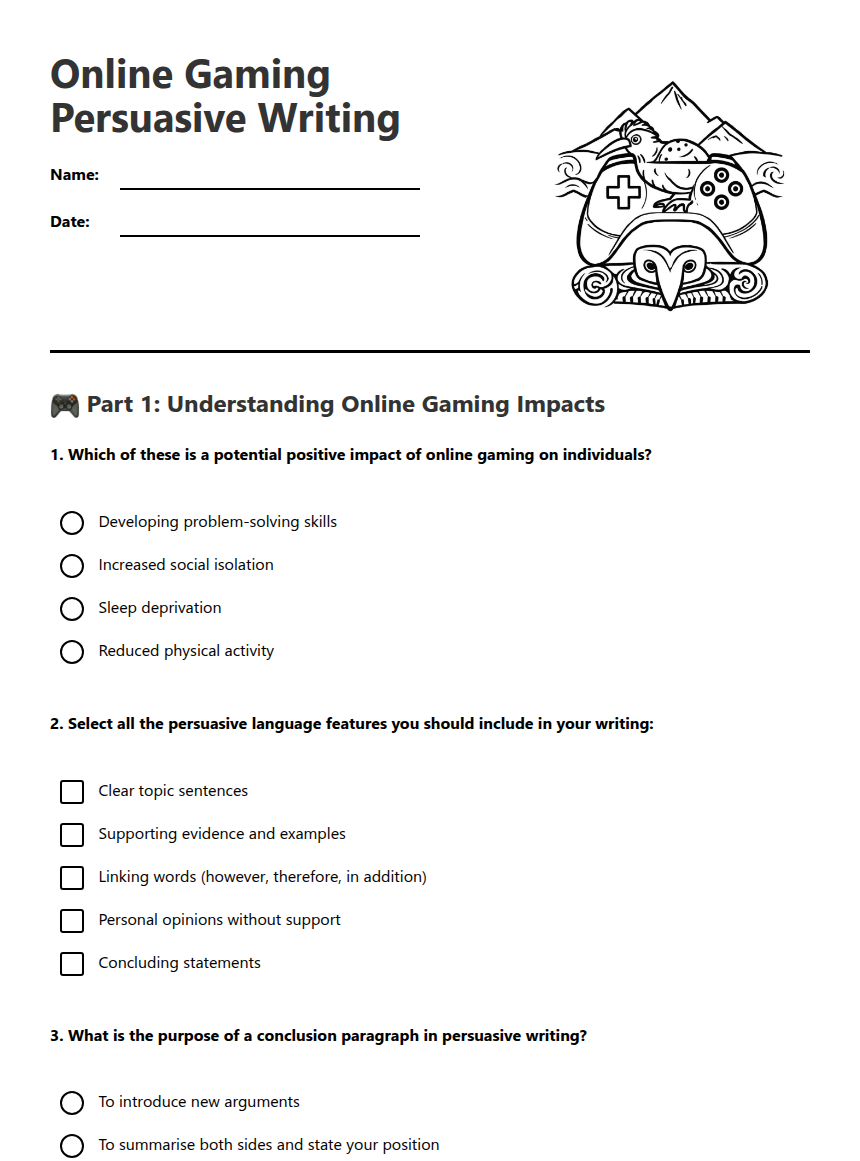 Online Gaming Persuasive Writing — Free Printable Worksheet | Kuraplan