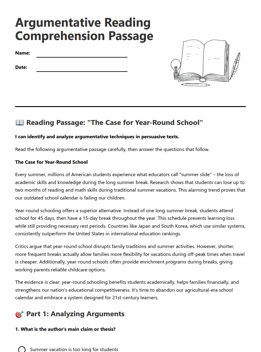 Argumentative Reading Comprehension Passage — Free Printable Worksheet ...