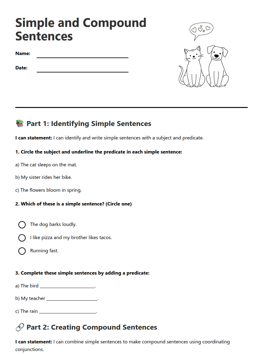 Simple and Compound Sentences — Free Printable Worksheet for English ...