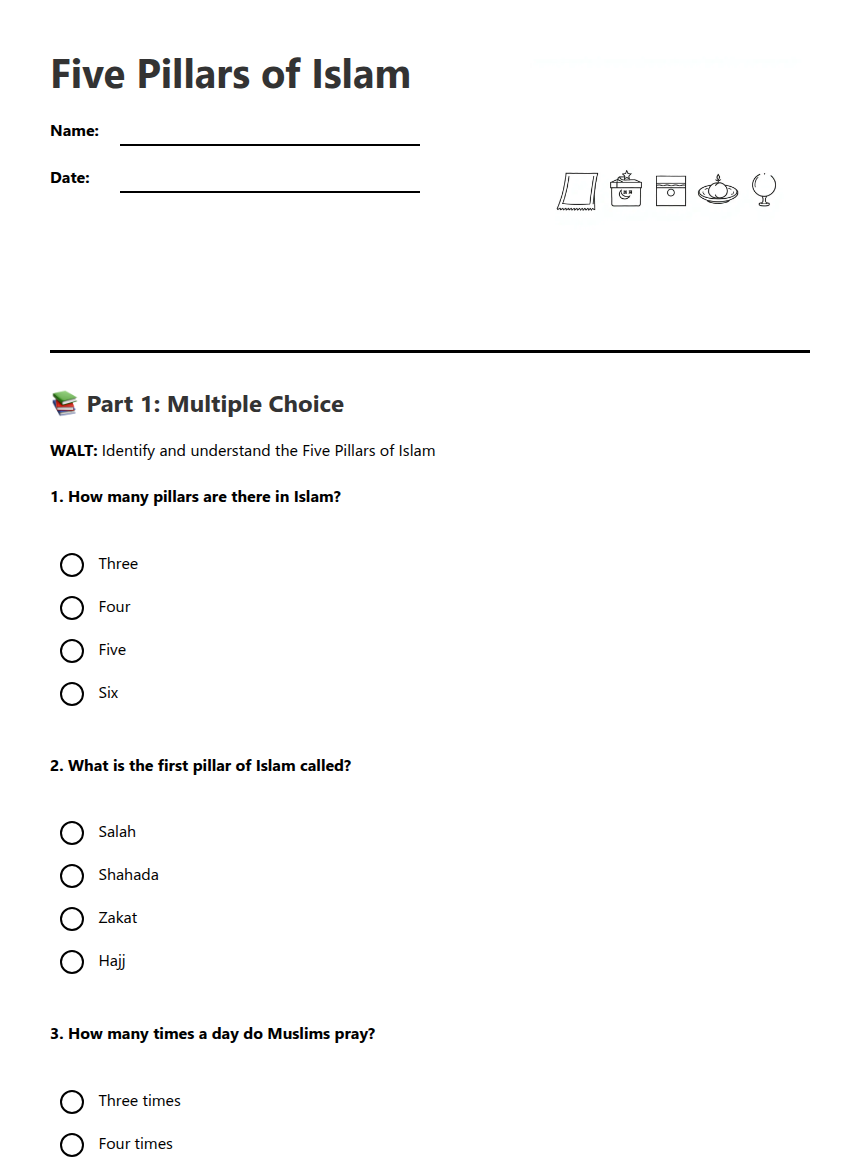 Five Pillars of Islam — Free Printable Worksheet for Religious ...