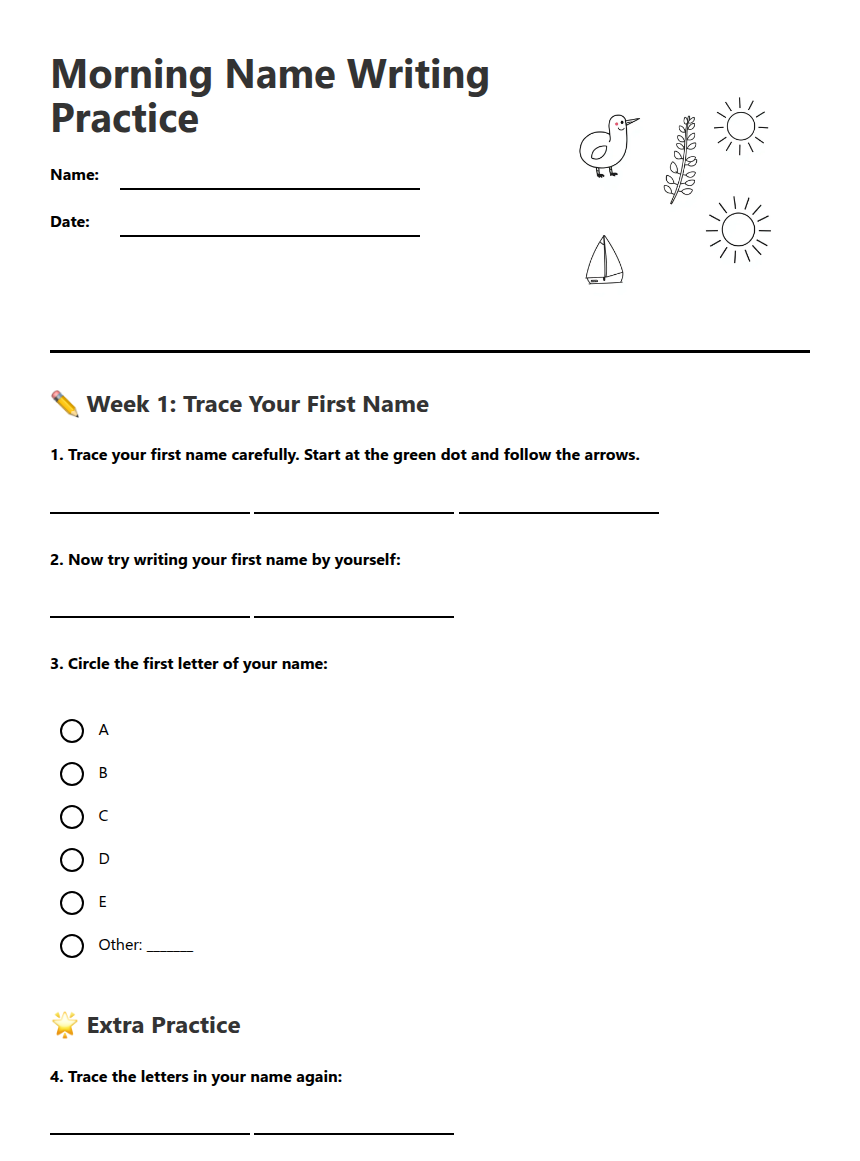 Morning Name Writing Practice — Free Printable Worksheet for English ...