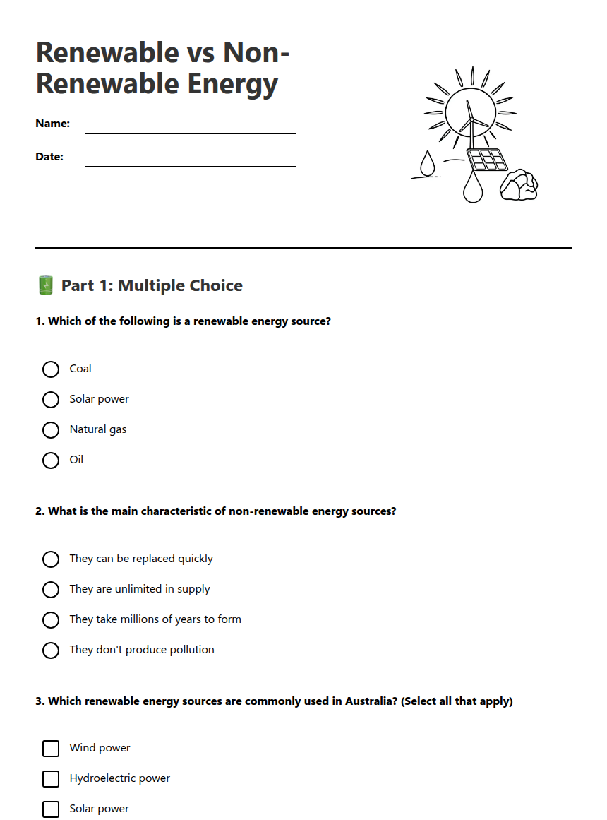 Renewable vs Non-Renewable Energy — Free Printable Worksheet for ...
