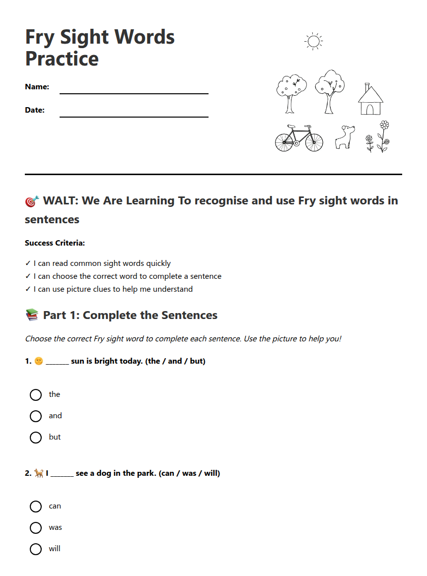 Fry Sight Words Practice — Free Printable Worksheet | Kuraplan