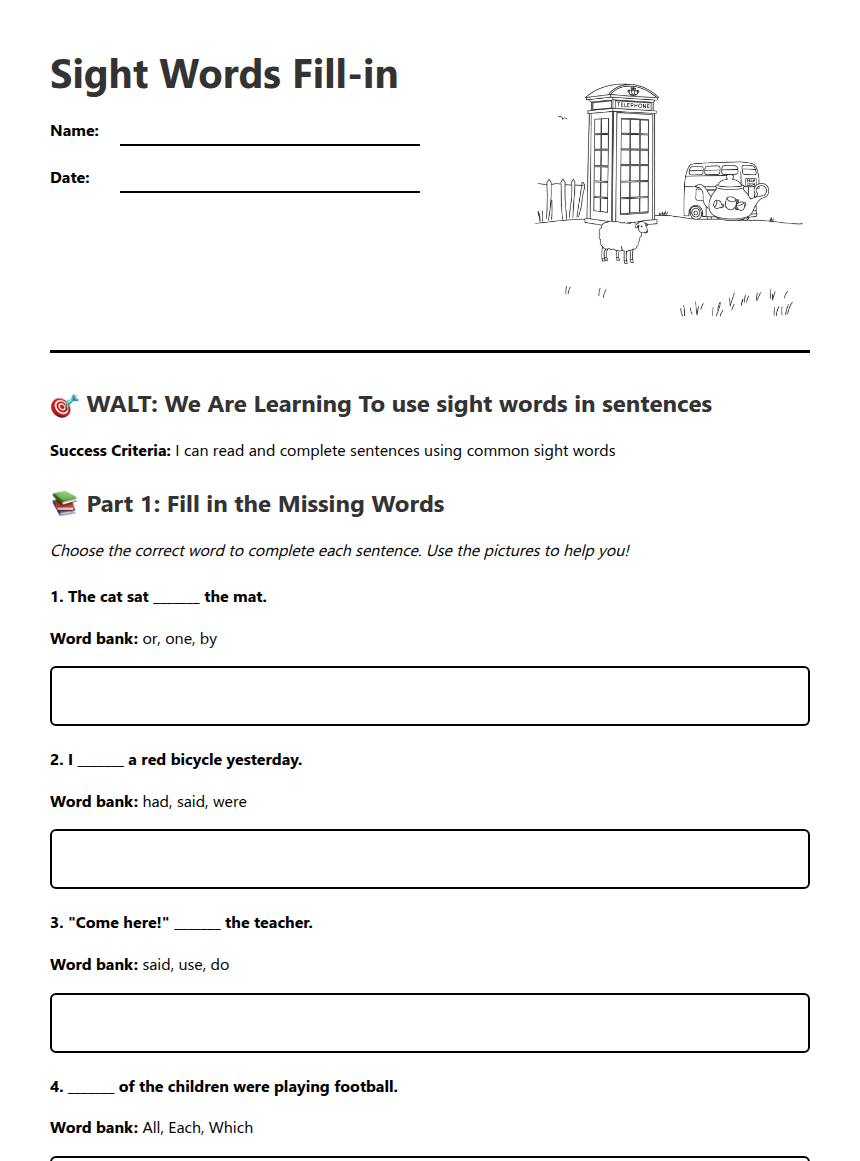 Sight Words Fill-in — Free Printable Worksheet | Kuraplan