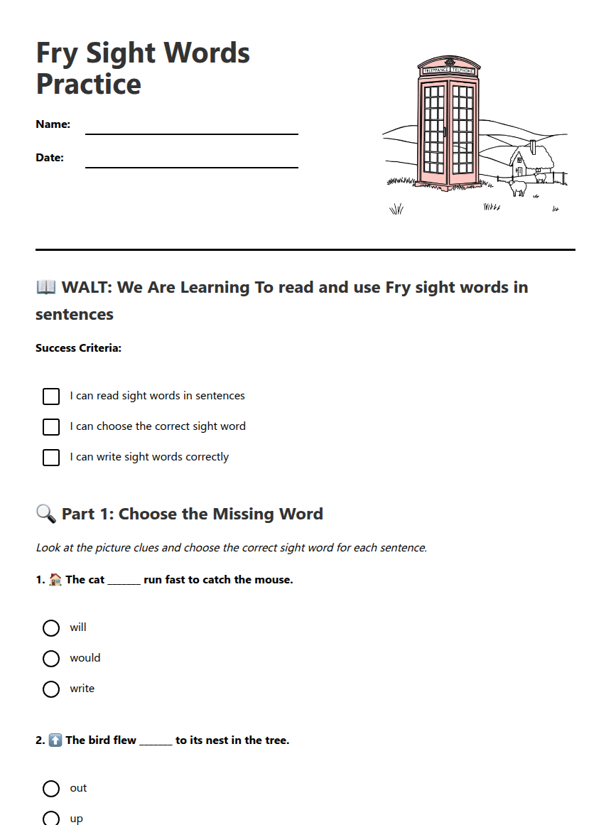 Fry Sight Words Practice — Free Printable Worksheet | Kuraplan
