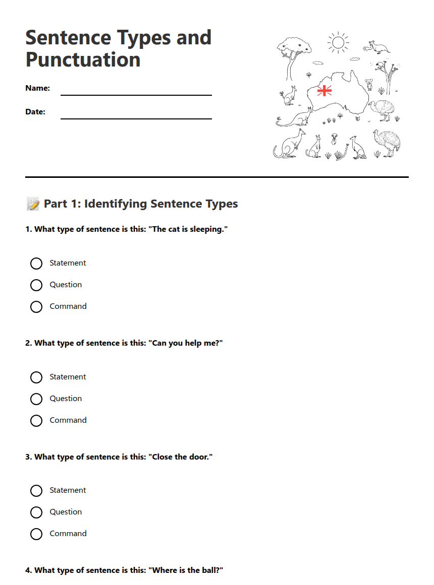 Sentence Types and Punctuation — Free Printable Worksheet for English ...