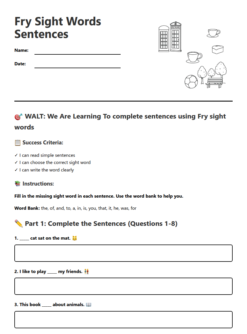 Fry Sight Words Sentences — Free Printable Worksheet for English | Kuraplan