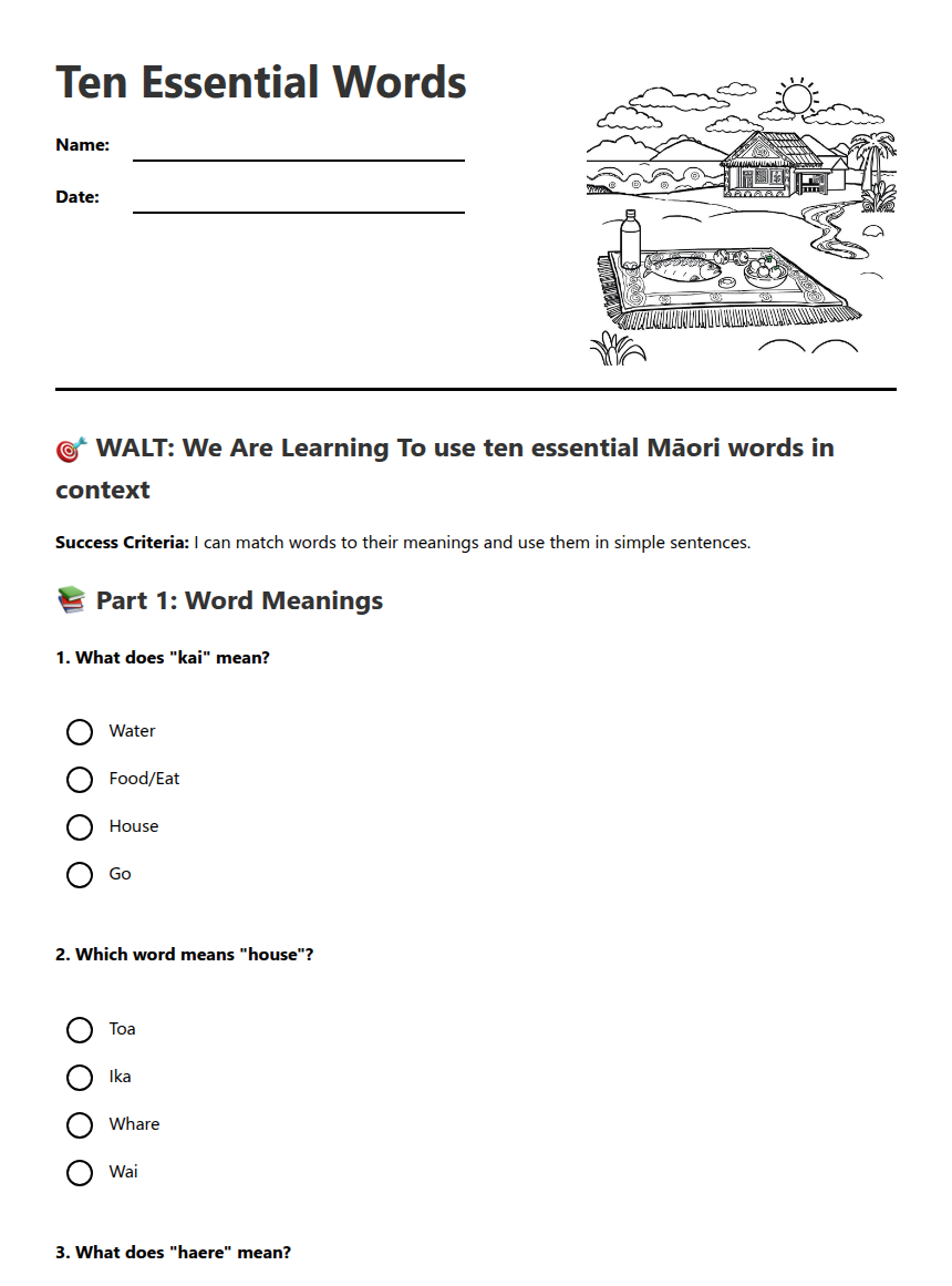 Ten Essential Words — Free Printable Worksheet for Te Reo Māori | Kuraplan