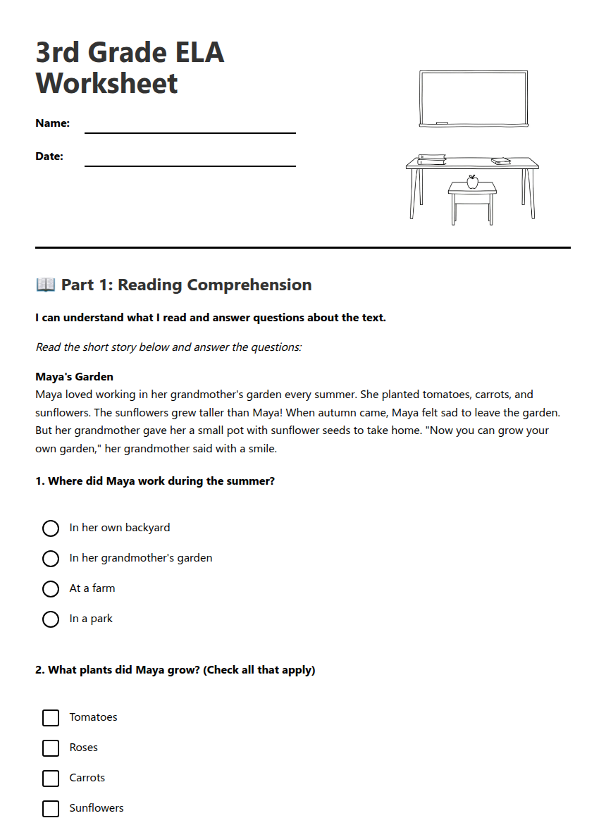 3rd Grade ELA Worksheet — Free Printable Worksheet for English (ELA ...