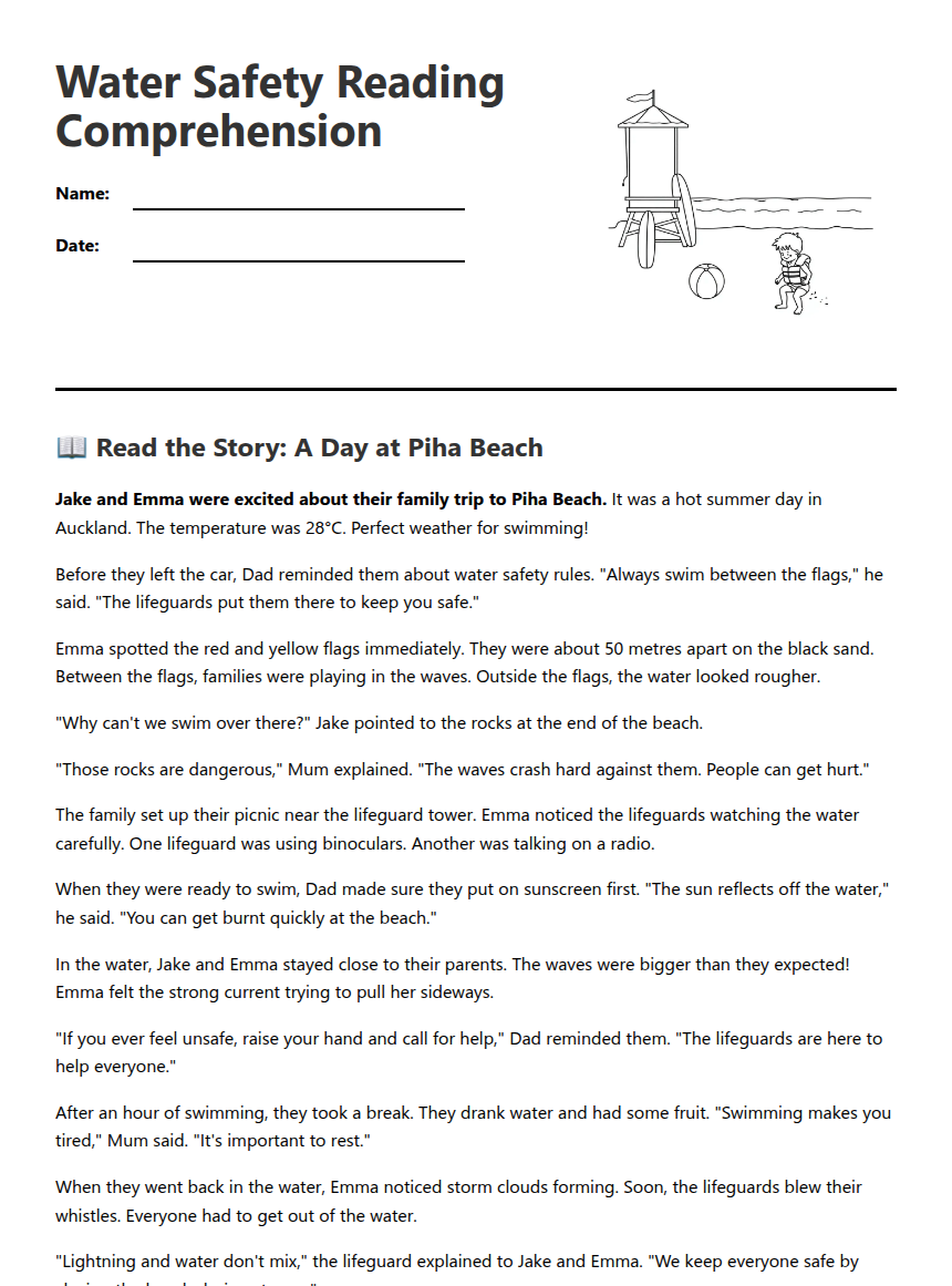 Water Safety Reading Comprehension — Free Printable Worksheet for ...