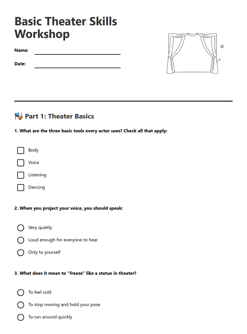 Basic Theater Skills Workshop — Free Printable Worksheet for Drama ...