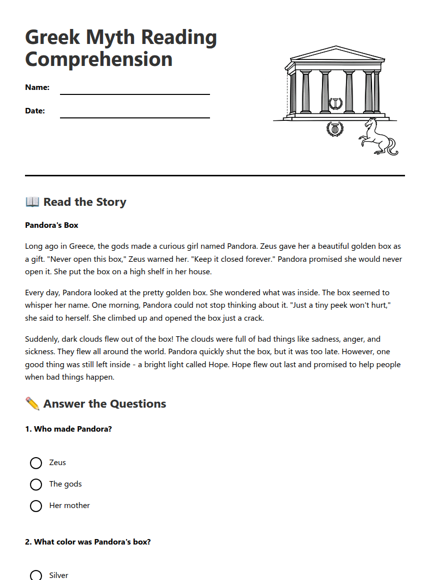 Greek Myth Reading Comprehension — Free Printable Worksheet for English ...