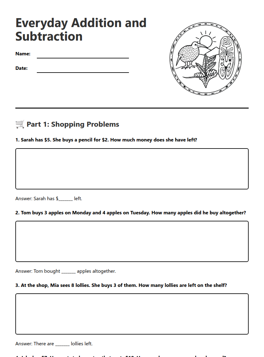 Everyday Addition and Subtraction — Free Printable Worksheet for Maths ...