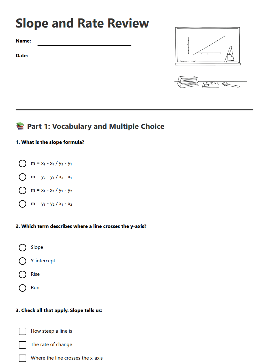 Slope and Rate Review — Free Printable Worksheet for Mathematics | Kuraplan