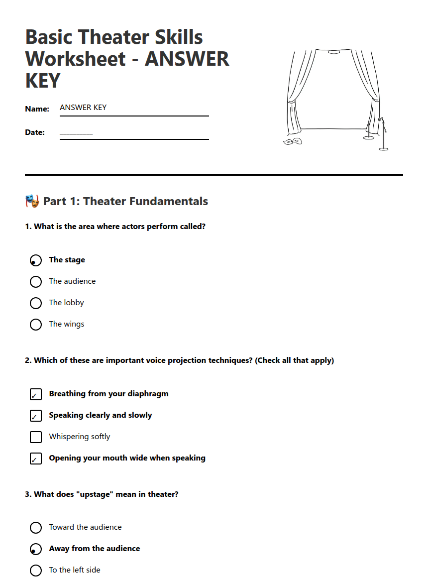Basic Theater Skills Worksheet — Free Printable Worksheet for Drama ...